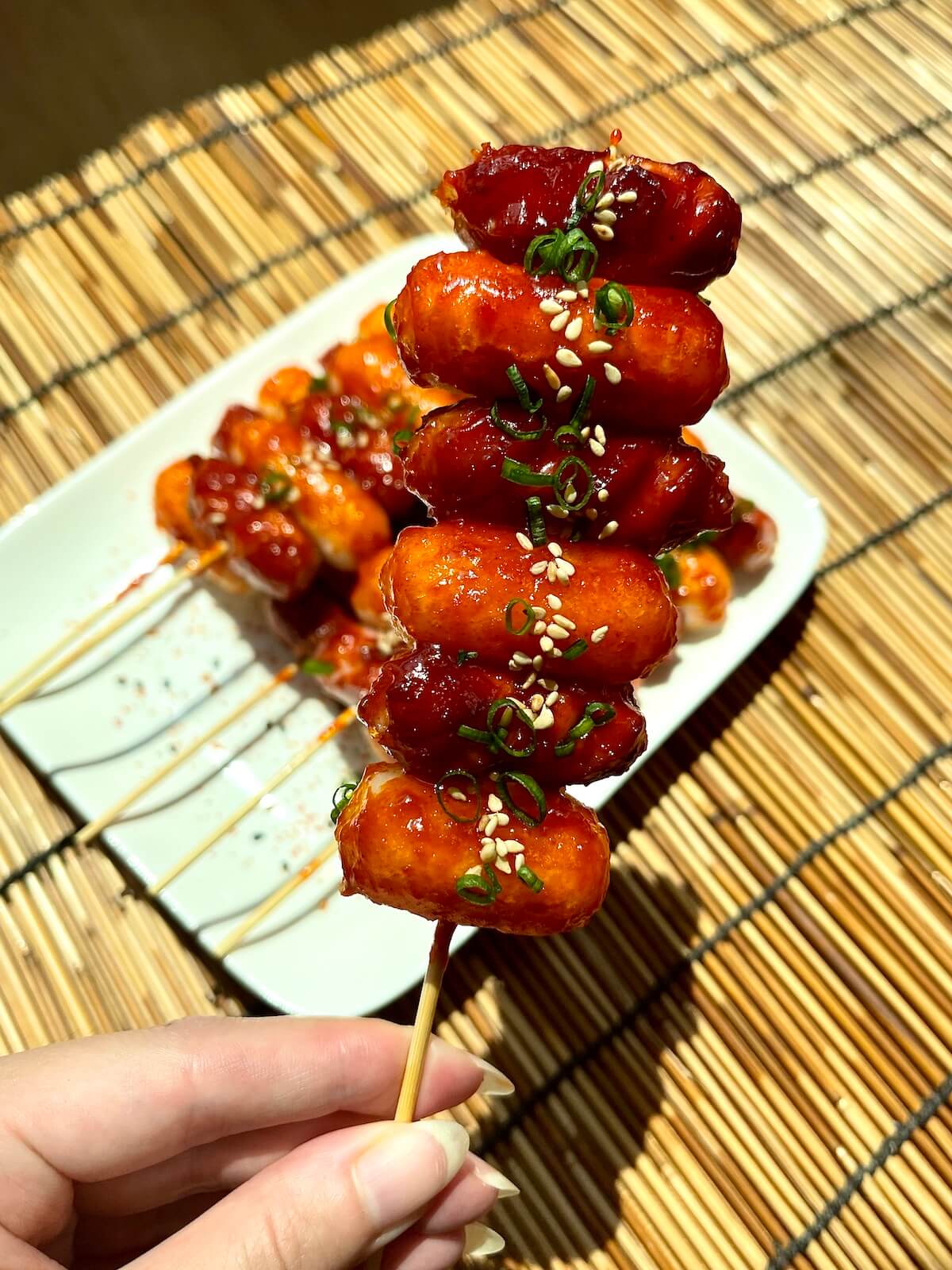 Korean Rice Cake & Sausage Skewers - Jasmine and Tea